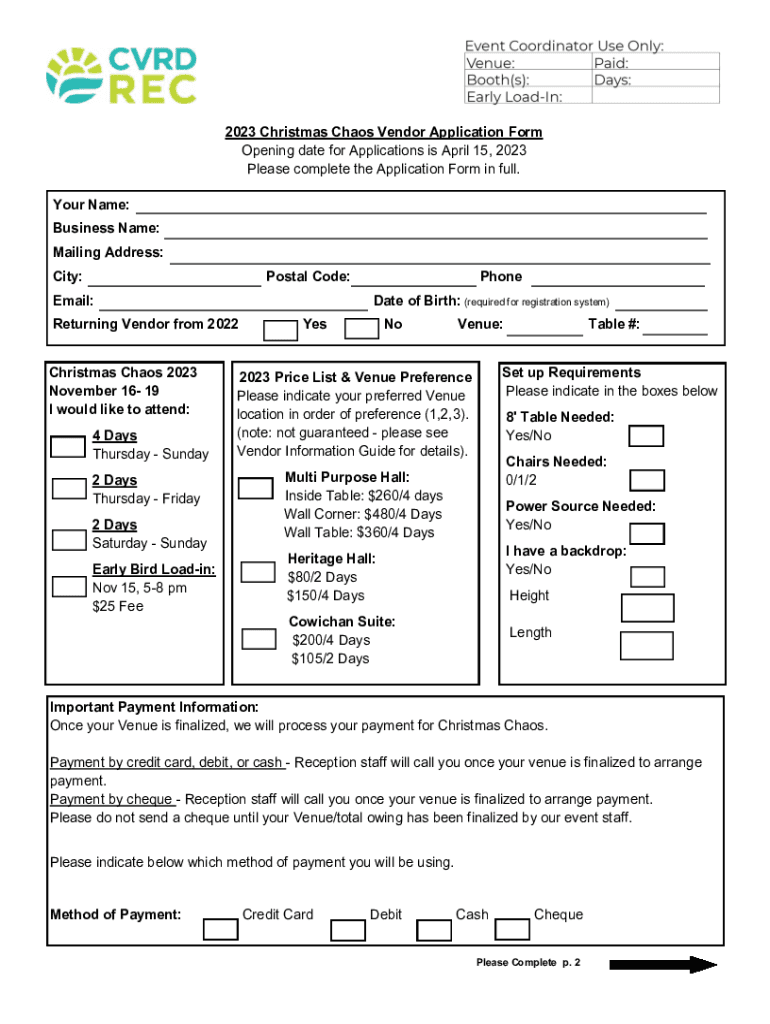 Fillable Online Christmas Chaos Vendor Application Form Fax Email Print ...