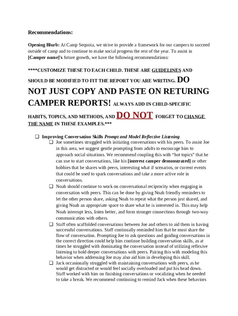 do not just copy and paste on returing camper reports! Doc Template ...