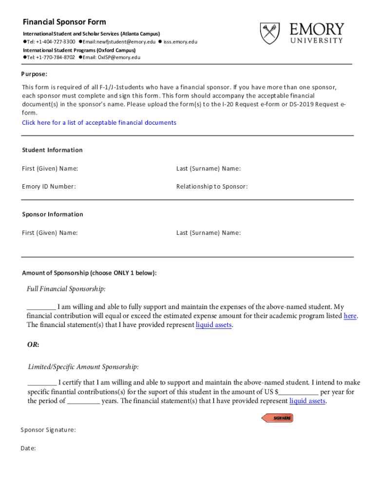 Fillable Online isss emory Financial Sponsor Form Fax Email Print - pdfFiller