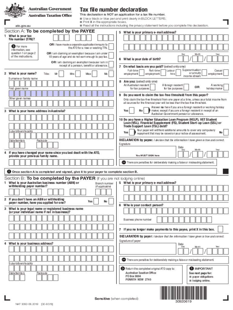 Fillable Online ATO Tax File Number Declaration Form docx ORIGINAL 