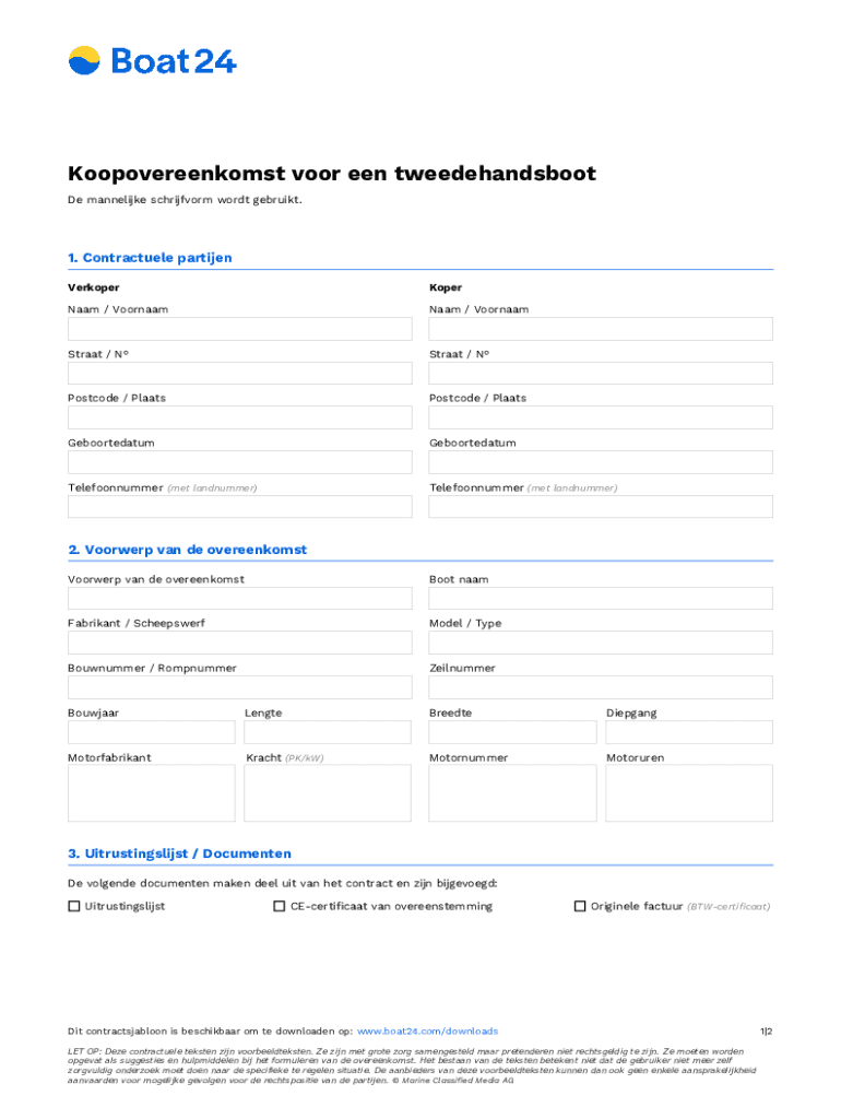 Invulbaar Online Koopovereenkomst voor een tweedehandsboot Faxnummer ...