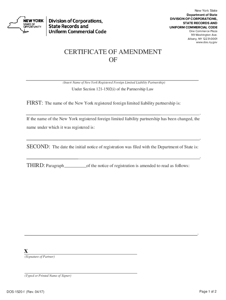 Fillable Online dos ny Certificate Of Amendment Of Certificate Of ...