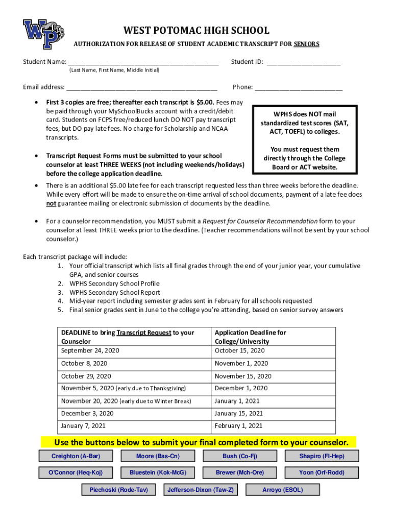 Fillable Online westpotomachs fcps Sample Letter Of Request For ...