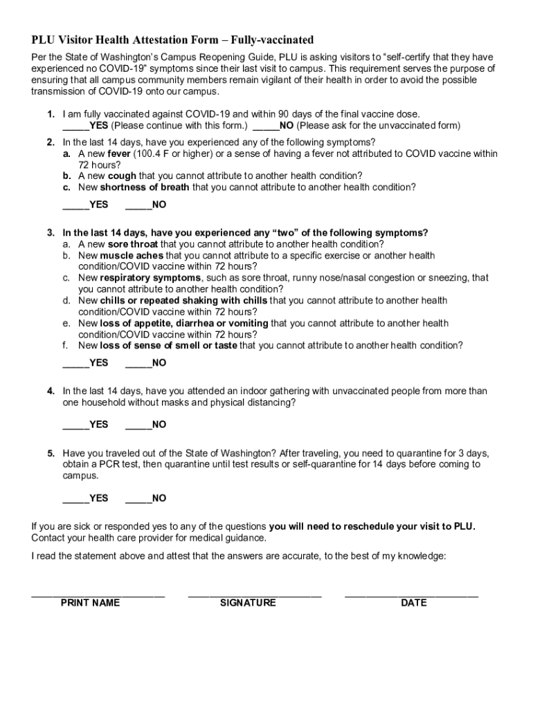 Fillable Online PLU Visitor Health Attestation Form Fully-vaccinated ...