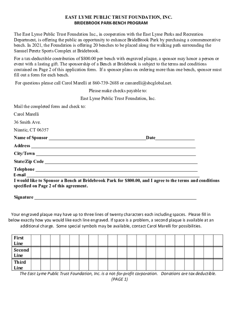 Fillable Online East Lyme Public Trust FoundationNiantic Bay Boardwalk ...