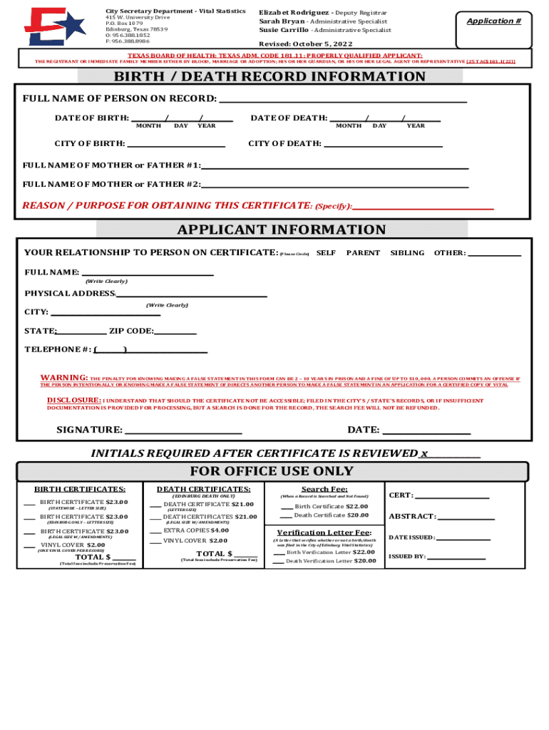 Fillable Online BIRTH / DEATH RECORD INFORMATION APPLICANT ... Fax ...