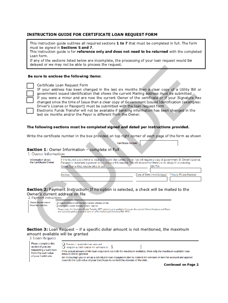 Fillable Online INSTRUCTION GUIDE FOR CERTIFICATE LOAN REQUEST FORM Fax Email Print - pdfFiller