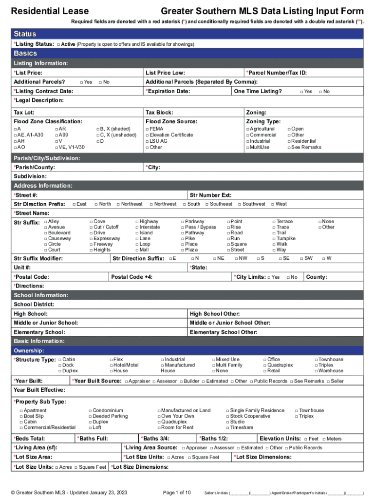 Fillable Online Residential Greater Southern MLS Data Listing Input ...