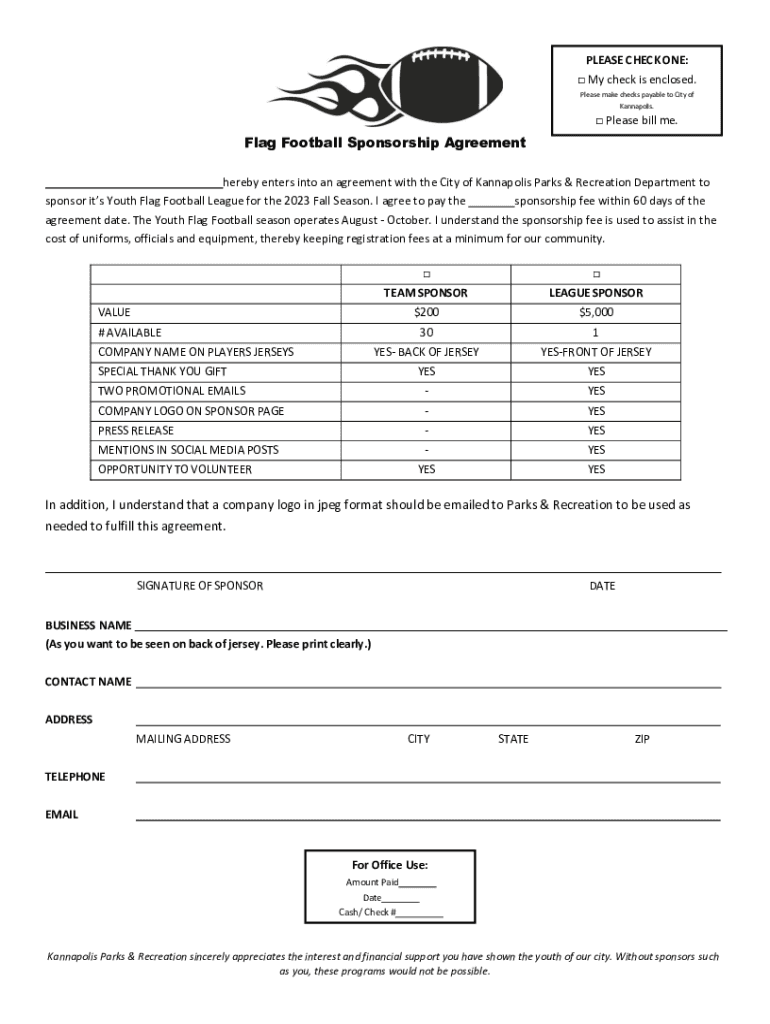 Fillable Online Flag Football Sponsorship Agreement Fax Email Print ...