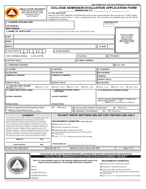 Fillable Online COLLEGE ADMISSION EVALUATION APPLICATION FORM Fax Email ...