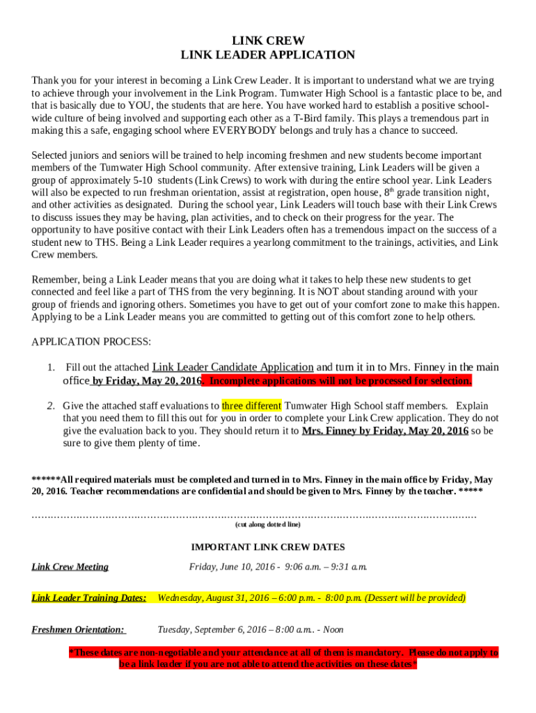 link crew link leader application Doc Template | pdfFiller