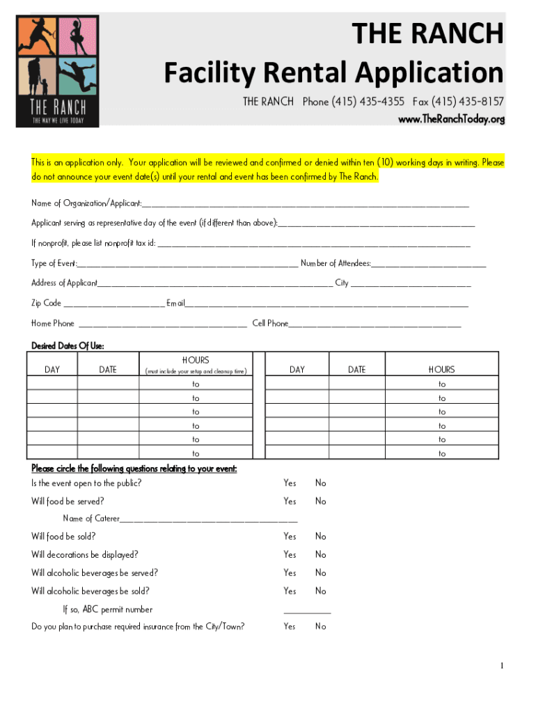 Fillable Online THE RANCH Facility Rental Application Fax Email Print ...