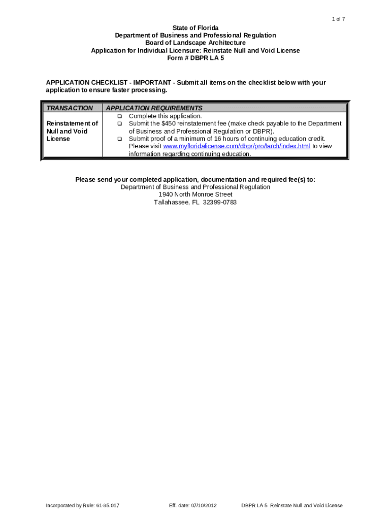 DBPR LA5 Application for Individual Licensure ... Doc Template | pdfFiller