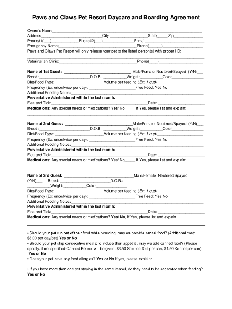 Fillable Online Paws and Claws Pet Resort Daycare and Boarding ...