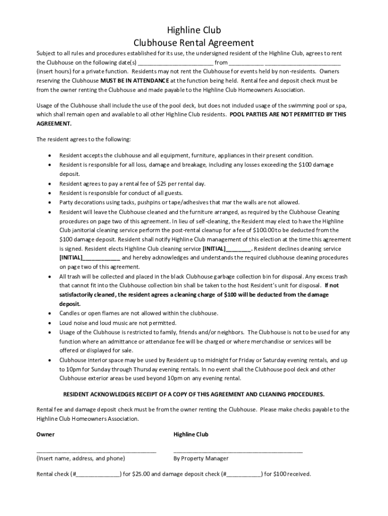 Fillable Online Highline Club Clubhouse Rental Agreement Fax Email ...