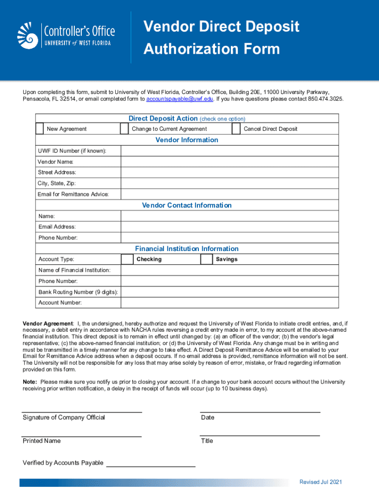 Fillable Online Direct Deposit Authorization Form for Vendors - UNC ...
