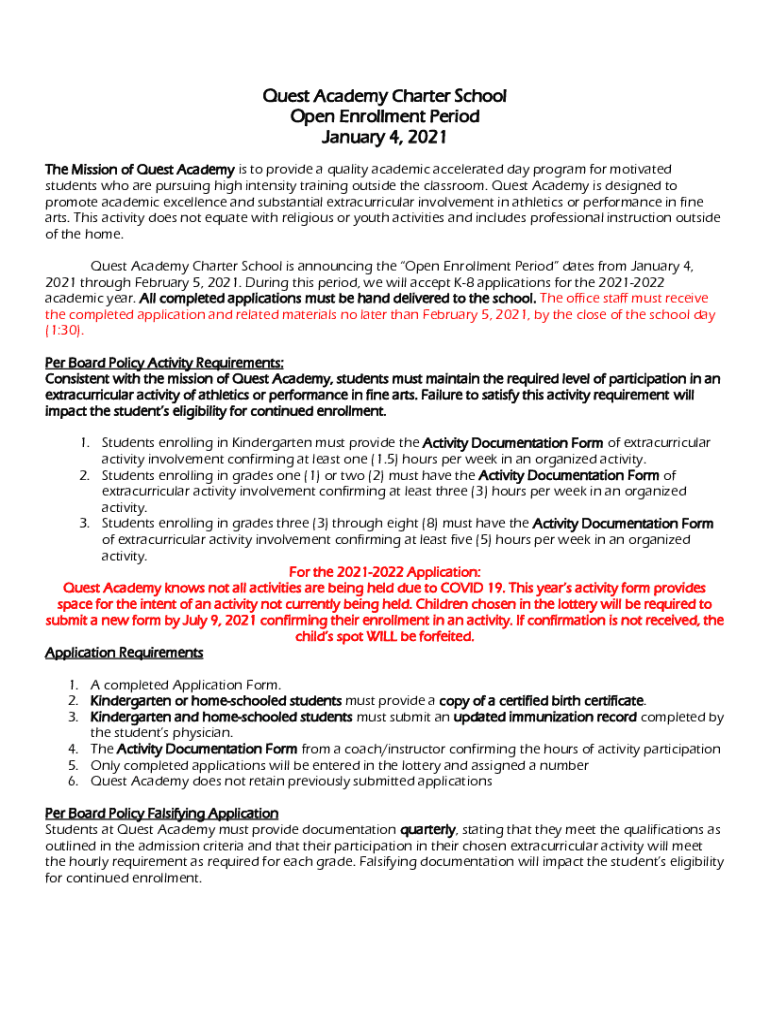 Fillable Online Quest Academy Charter School Open Enrollment Period ...