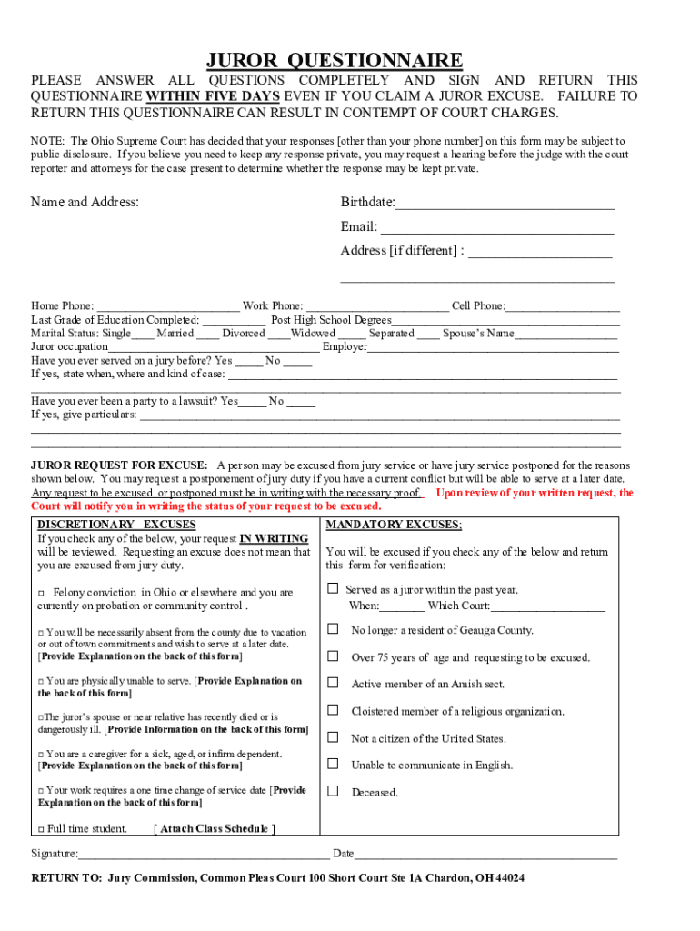 Fillable Online QUESTIONNAIRE FOR PETIT JURORS Fax Email Print - pdfFiller