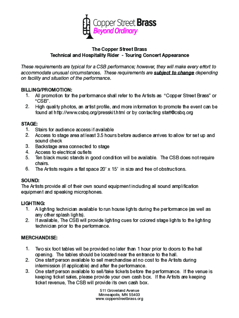 Fillable Online The Copper Street Brass Technical and Hospitality Rider ...