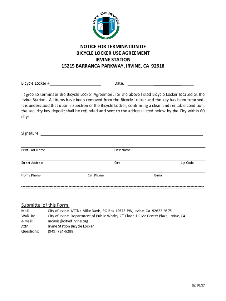 Fillable Online legacy cityofirvine Notice for Termination of Bicycle ...
