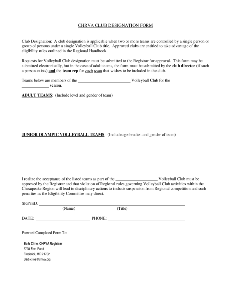 Fillable Online CHRVA CLUB designation FORM Fax Email Print - pdfFiller
