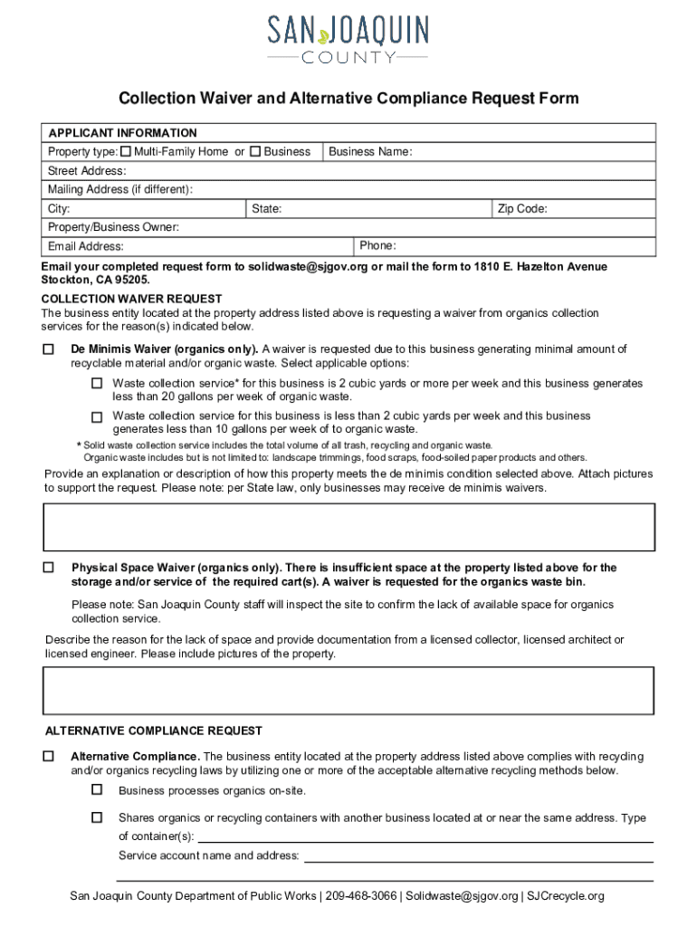 Fillable Online Collection Waiver and Alternative Compliance Request ...