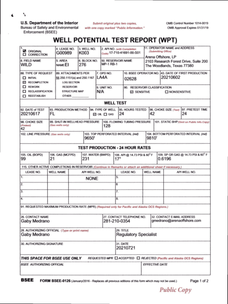 Fillable Online WELL POTENTIAL TEST REPORT (WPT) - BSEE Data Center Fax ...