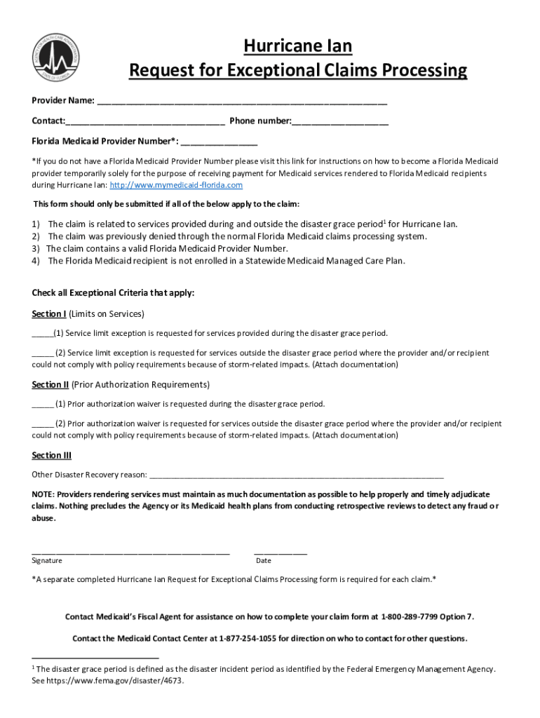 Fillable Online Hurricane Ian Request for Exceptional Claims Processing ...