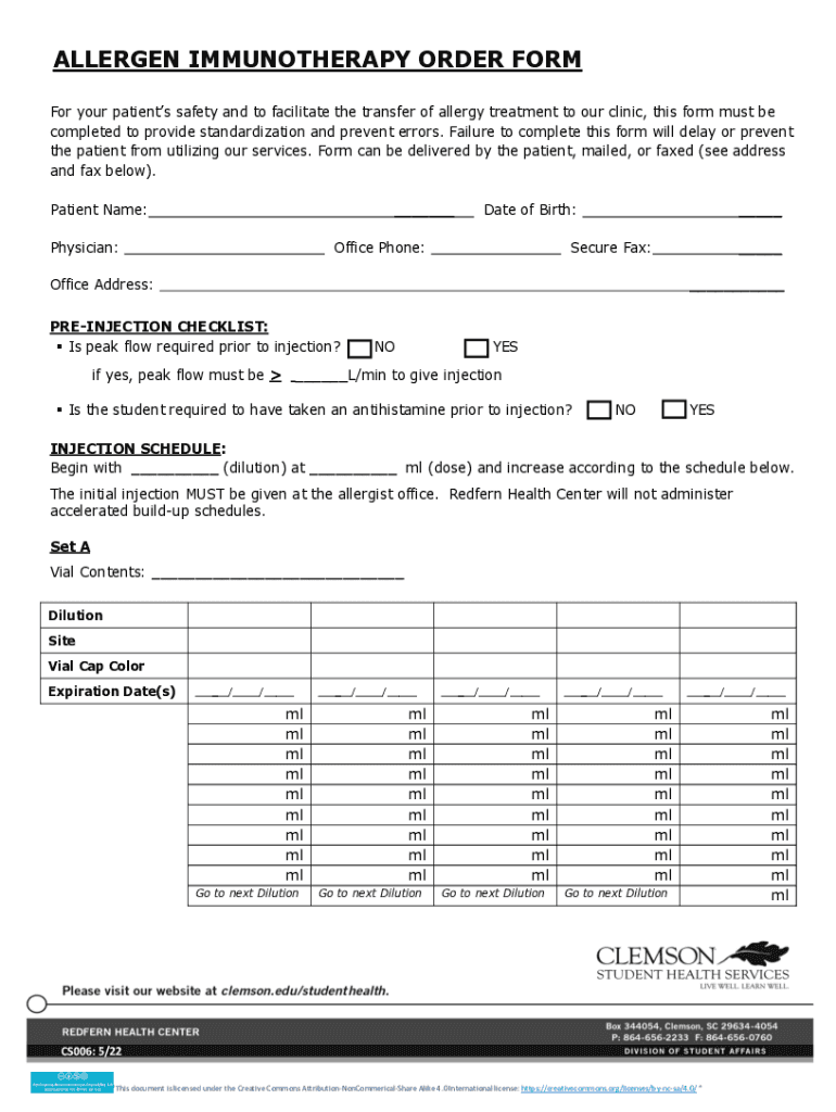 Fillable Online media clemson ALLERGEN IMMUNOTHERAPY ORDER FORM Fax Email Print - pdfFiller