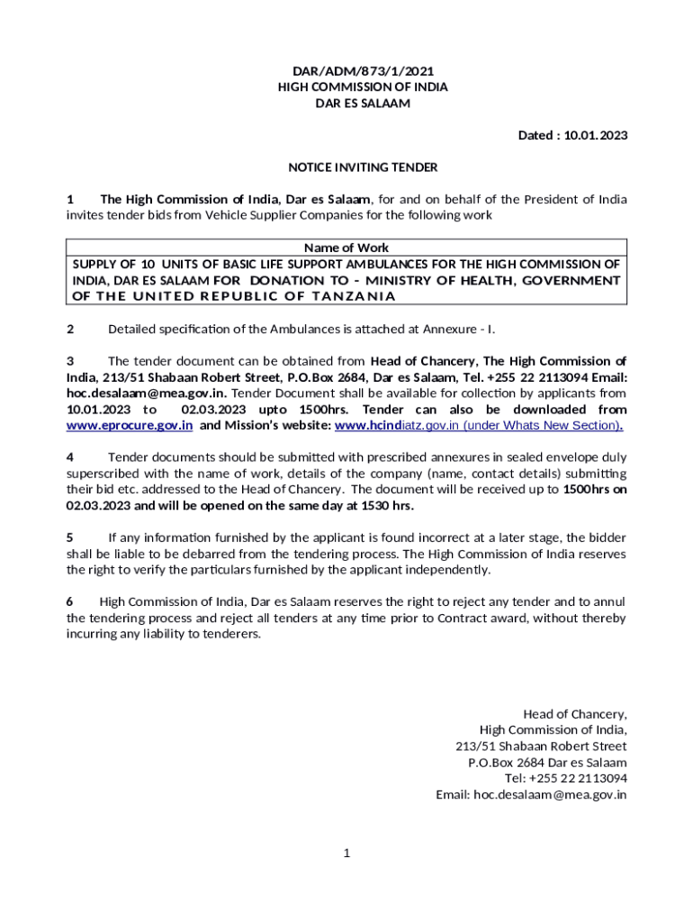 Fillable Online draft Tender for supply of 10 ambulances to ... Fax ...