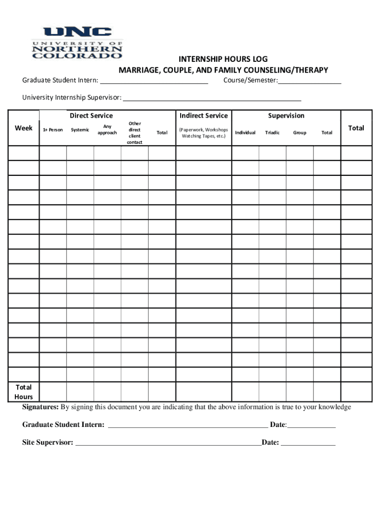 Fillable Online INTERNSHIP HOURS LOG MARRIAGE, COUPLE, AND ... Fax Email Print - pdfFiller
