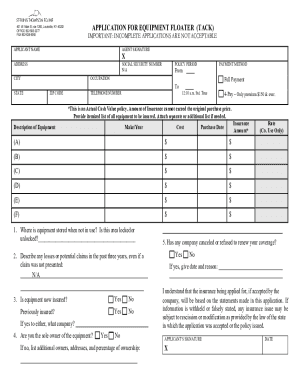 Fillable Online APPLICATION FOR EQUIPMENT FLOATER (TACK) Fax Email ...