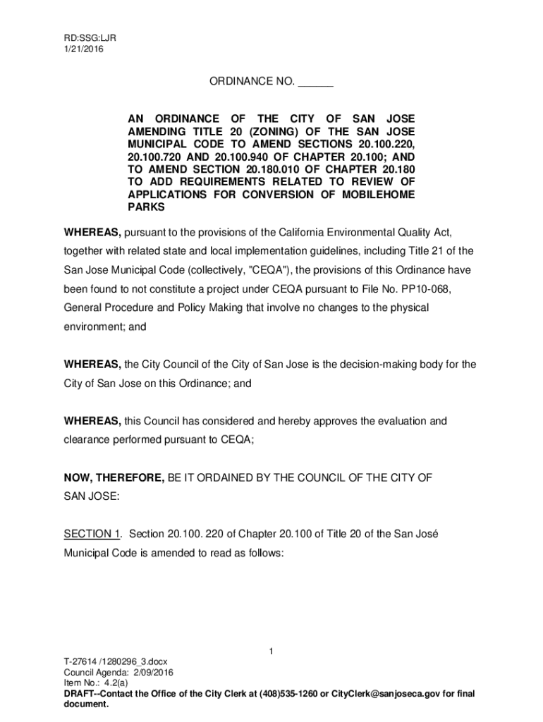 Fillable Online AN ORDINANCE OF THE CITY OF SAN JOSE AMENDING TITLE 20 ... Fax Email Print ...
