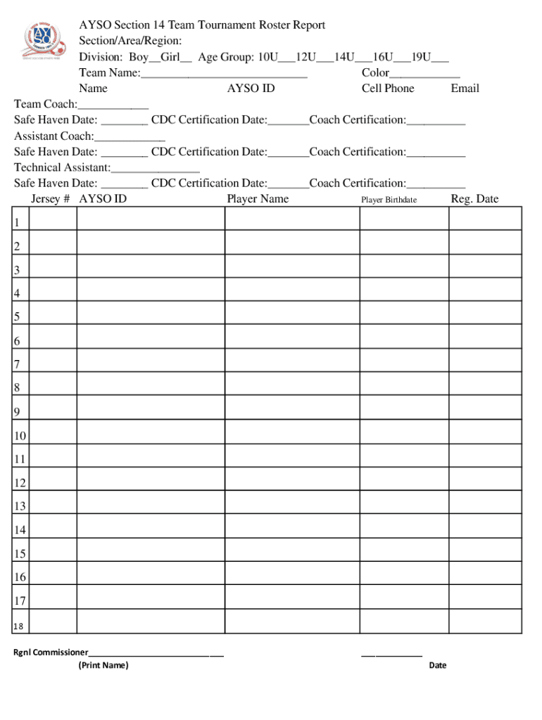 Fillable Online AYSO Section 14 Team Tournament Roster Report Fax Email ...