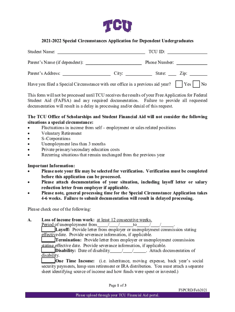 Fillable Online financialaid tcu 2021-2022 Special Circumstances ...