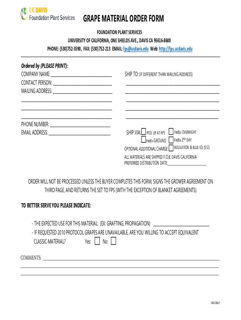 Fillable Online fps ucdavis GRAPE MATERIAL ORDER FORM Fax Email Print ...