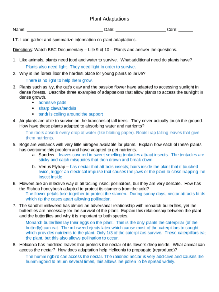 Plant adaptations fill in the blanks worksheet Doc Template | pdfFiller