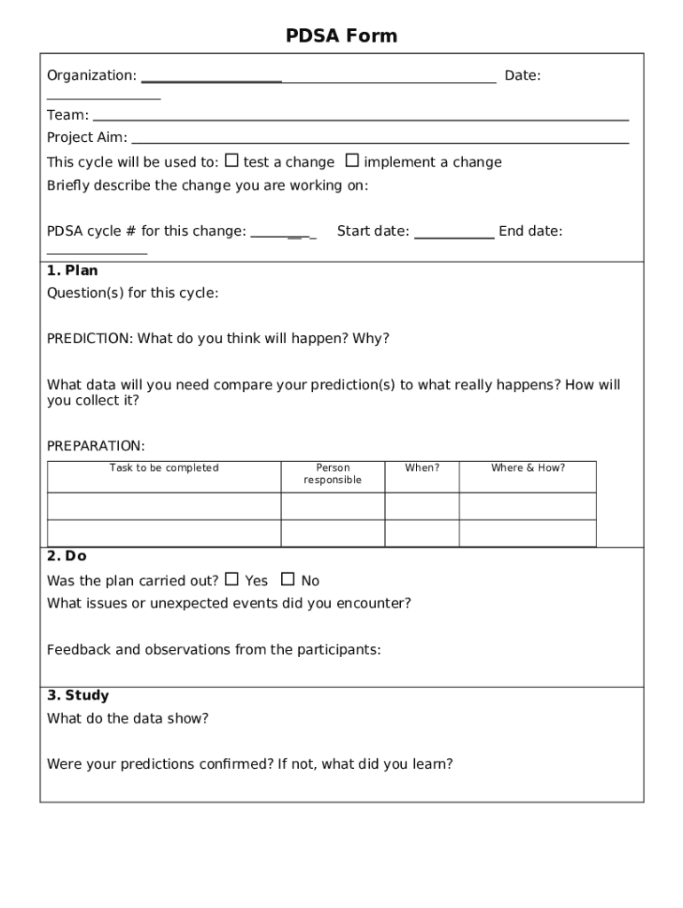 PDSA Cycle Directions and Template Doc Template | pdfFiller