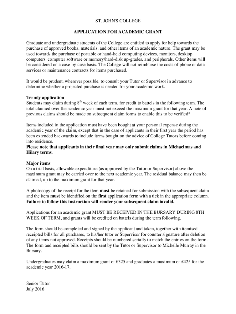 Fillable Online st. john's college application for academic grant ...