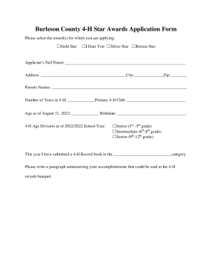 Fillable Online burleson agrilife Burleson County 4-H Star Awards ...