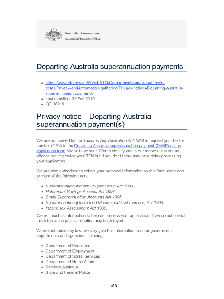 Fillable Online Application for departing Australia superannuation ...