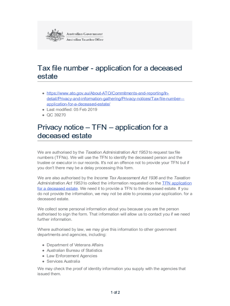 Fillable Online Tax file numberapplication for a deceased estate ...