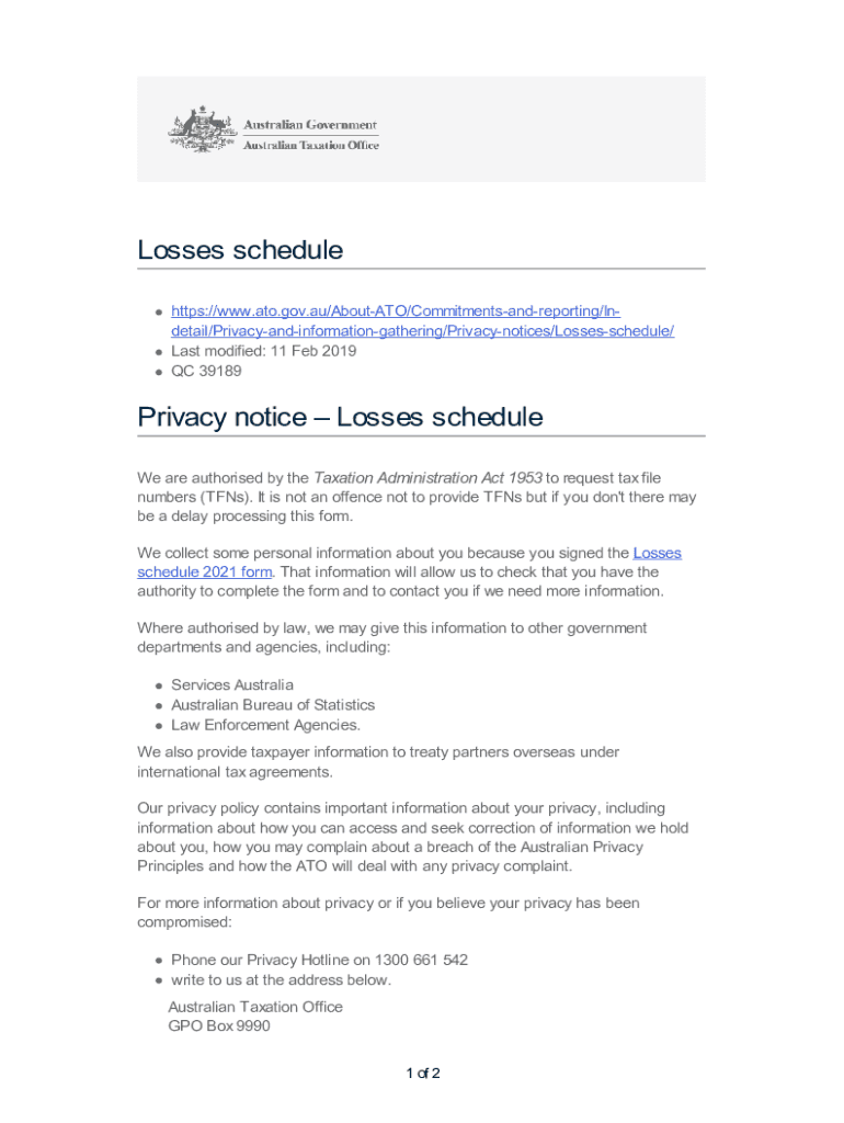 Fillable Online Privacy noticeConsolidated group losses schedule Fax Email Print - pdfFiller
