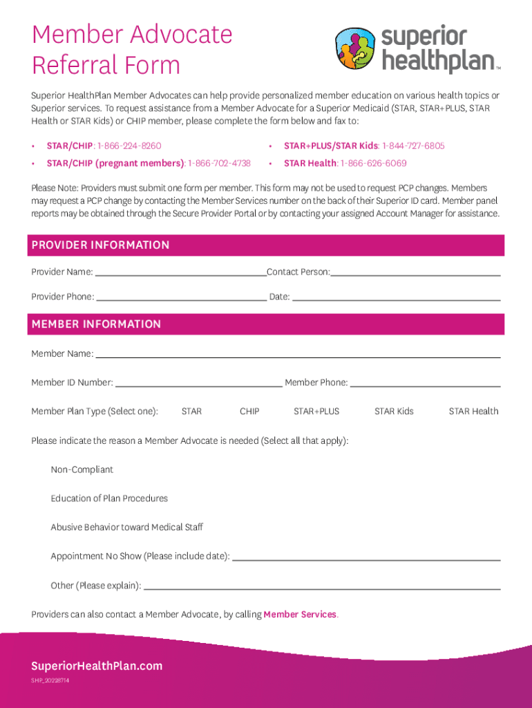 Fillable Online SHP - Member Advocate Referral Form. Member Advocate ...