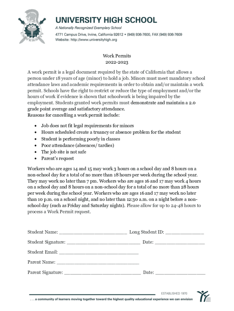 Fillable Online What is a Work Permit?Work Permits - Marina High School ...