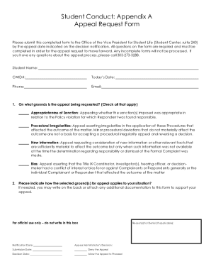 Fillable Online Student Conduct: Appendix A Appeal Request Form Fax Email Print - pdfFiller