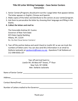 Fillable Online Title XX Letter Writing CampaignSave Senior Centers Fax ...