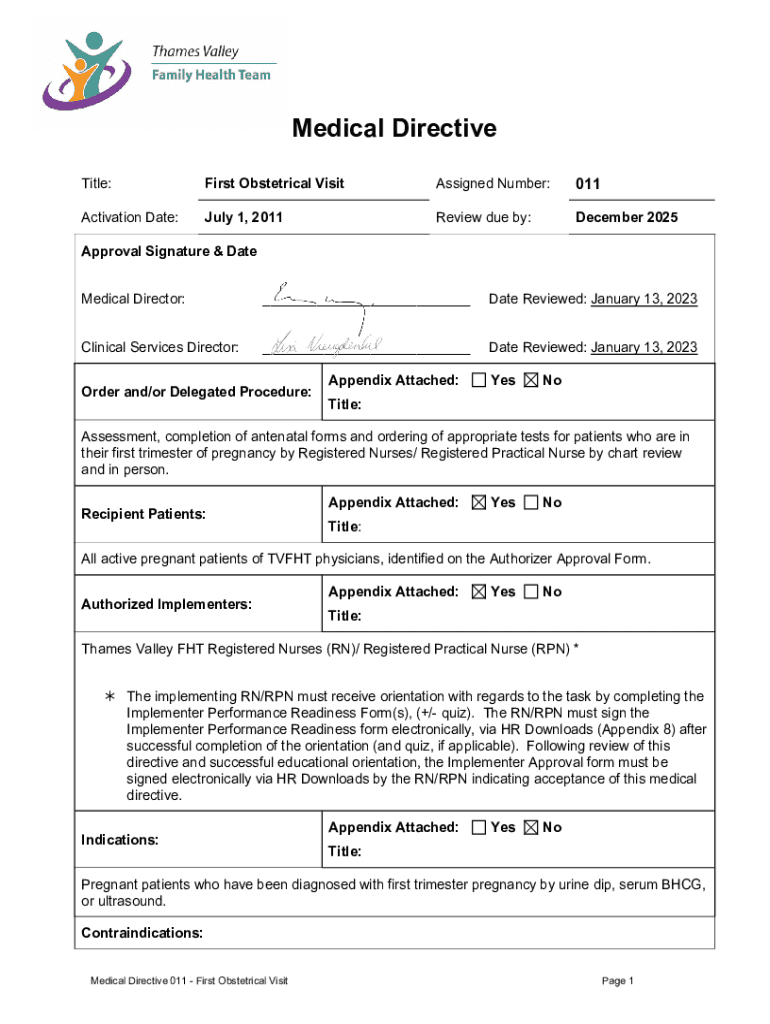 Fillable Online 011-Medical-Directive-First-Obstetrical-Visit- ... Fax ...