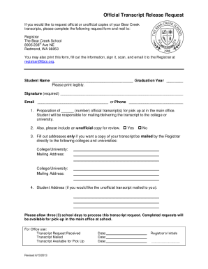 Fillable Online Request For Official Transcript Release Fax Email Print ...