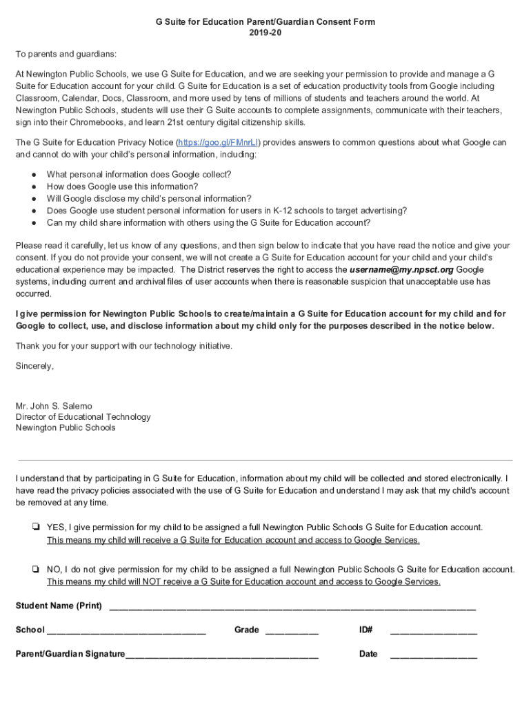 Fillable Online AHS - G Suite for Education Parent Consent Letter ...